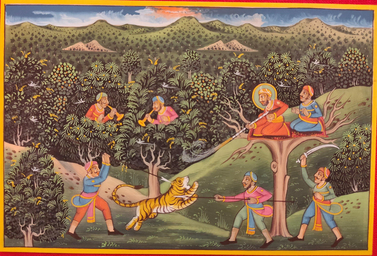 Hand Painted Mughal Hunting Scene Tiger Miniature Painting India Artwo ...